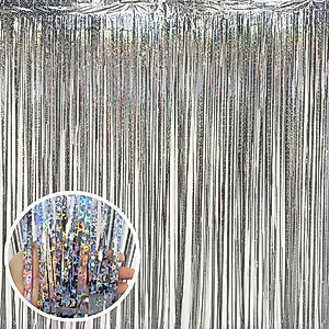AIBIIN 2pcs 3.3x6.6ft Silver Tinsel Curtain Backdrop Silver Foil Fringe Curtain Backdrop Tinsel Streamers Party Decorations for Birthday Wedding Engagement Bridal Shower Baby Shower Bachelorette