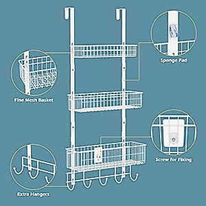 Over The Door Basket Organizer 3 Tier Hanging Kitchen Storage Rack Heavy Duty Pantry Organizer with 3 Basket and 5 Hooks Door Back Metal Wire Basket for Kitchen, Bathroom, Office, White