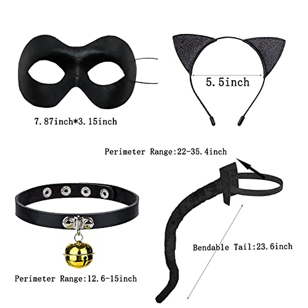 PUCAPOCO Black Cat Costume for Kids Adults 4PCS Black Cat Ears Headband Tail Eye Cover Bell Choker Cartoon Cat Cosplay Accessories for Halloween Masquerade Party