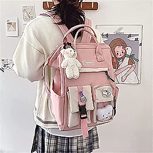 Skyearman Kawaii Backpack with Kawaii Pin Bear Pendant and Pencil Pouch Cute Backpack for Girls Kawaii Schoolbag Aesthetic Backpack, Pink