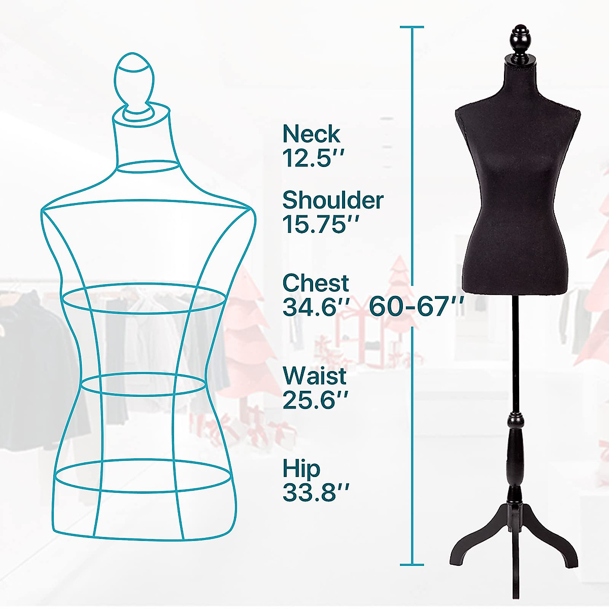 Hkeli Female Mannequin Torso Dress Form Standing Manikin Body 60”-67” Inch with Tripod Stand Height Adjustable Mannequin Body for Sewing Dress Jewelry Display Women, Black