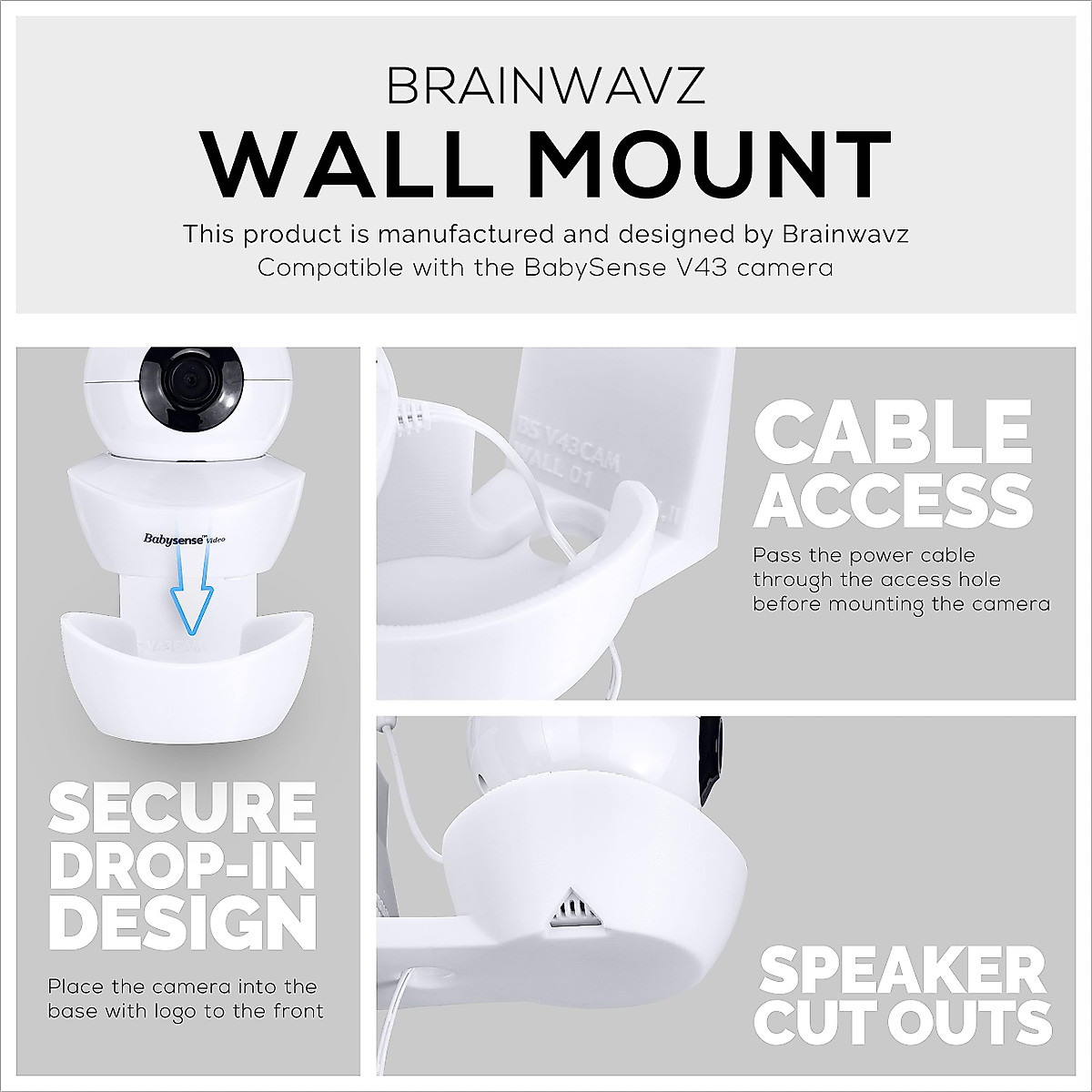 BRAINWAVZ Wall Mount for BabySense V43 Baby Monitor Camera - Adhesive Holder, Easy to Install, No Tools Needed, No Mess, No Drilling, Strong Mount, White