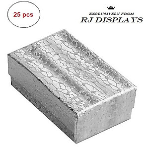RJ Displays- 25 Pack Cotton Filled Silver Linen Jewelry Box for Pendant, Charm, Bracelet, Anklet, Ring, Earring, Necklace Chain Jewelry and Small Gift 2 5/8" x 1 1/2" x 1" (67 x 40 x 25 mm)-Size #21