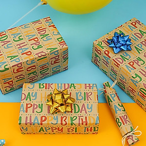 CAMKUZON Kraft Birthday Wrapping Paper Roll with Cutlines - Colorful Happy Birthday Text and Star Design - Gift Wrap Paper for Birthday Celebration Baby Shower, 17.4 Inch