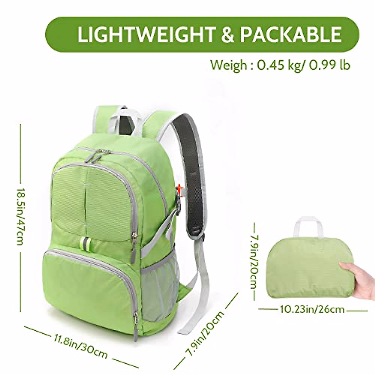 30L Green Lightweight Foldable Large Capacity Backpack for Men and Women - Waterproof Backpack for Travel Sports, Outdoors, Camping and Hiking - Adjustable Shoulder Straps and Multiple Compartments
