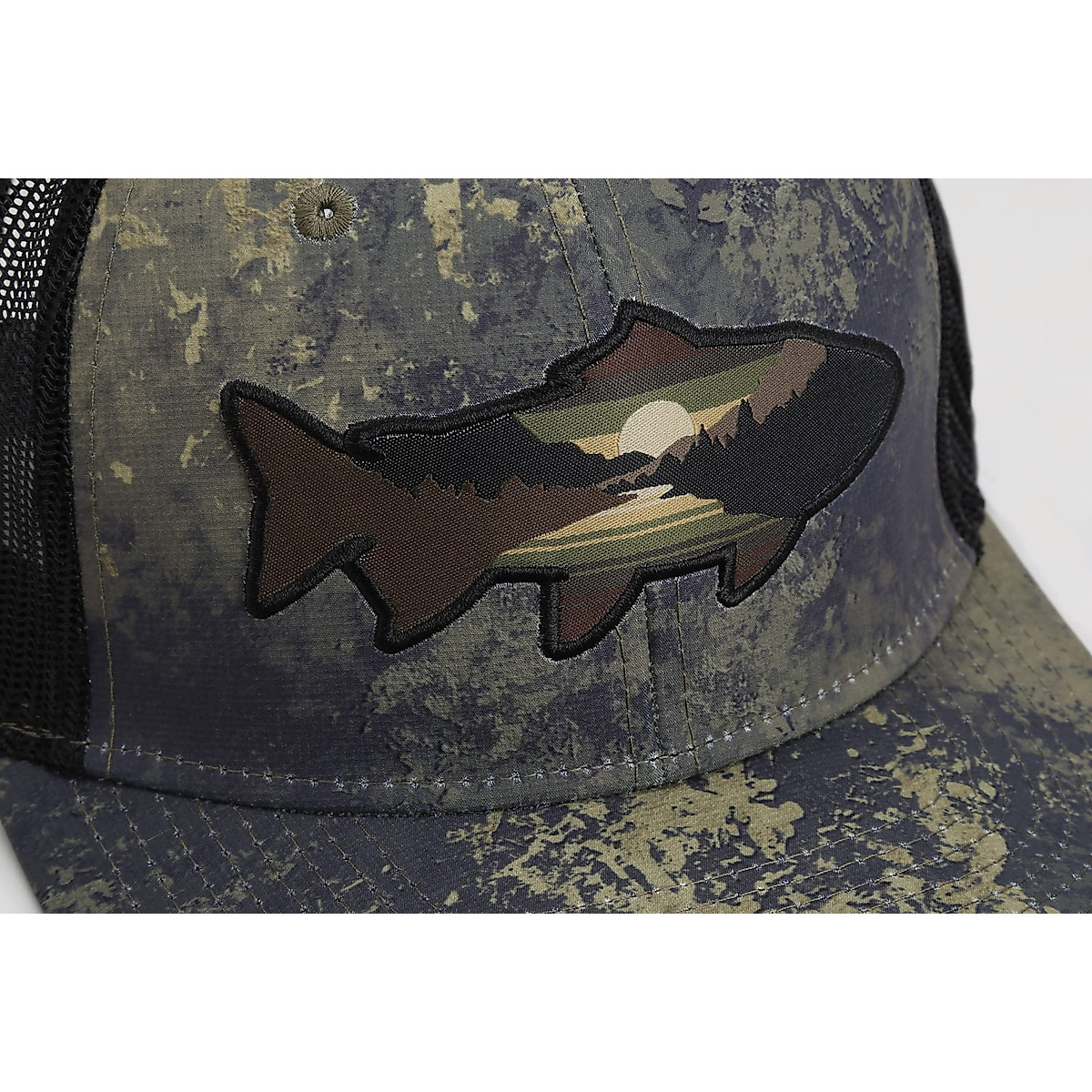 Sunset Trout 6-Panel Mesh Back Fly Fishing hat Moutain Silhouette Fishing hat (Olive Cirrus)