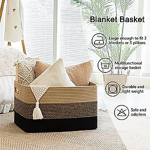 OIAHOMY Large Cotton Rope Basket, Rectangle Woven Baskets for Storage, Nursery Blanket Basket Living Room, Toy Basket with Handle, Large Baskets for Organizing-22”x17”x12”-Yellow Black