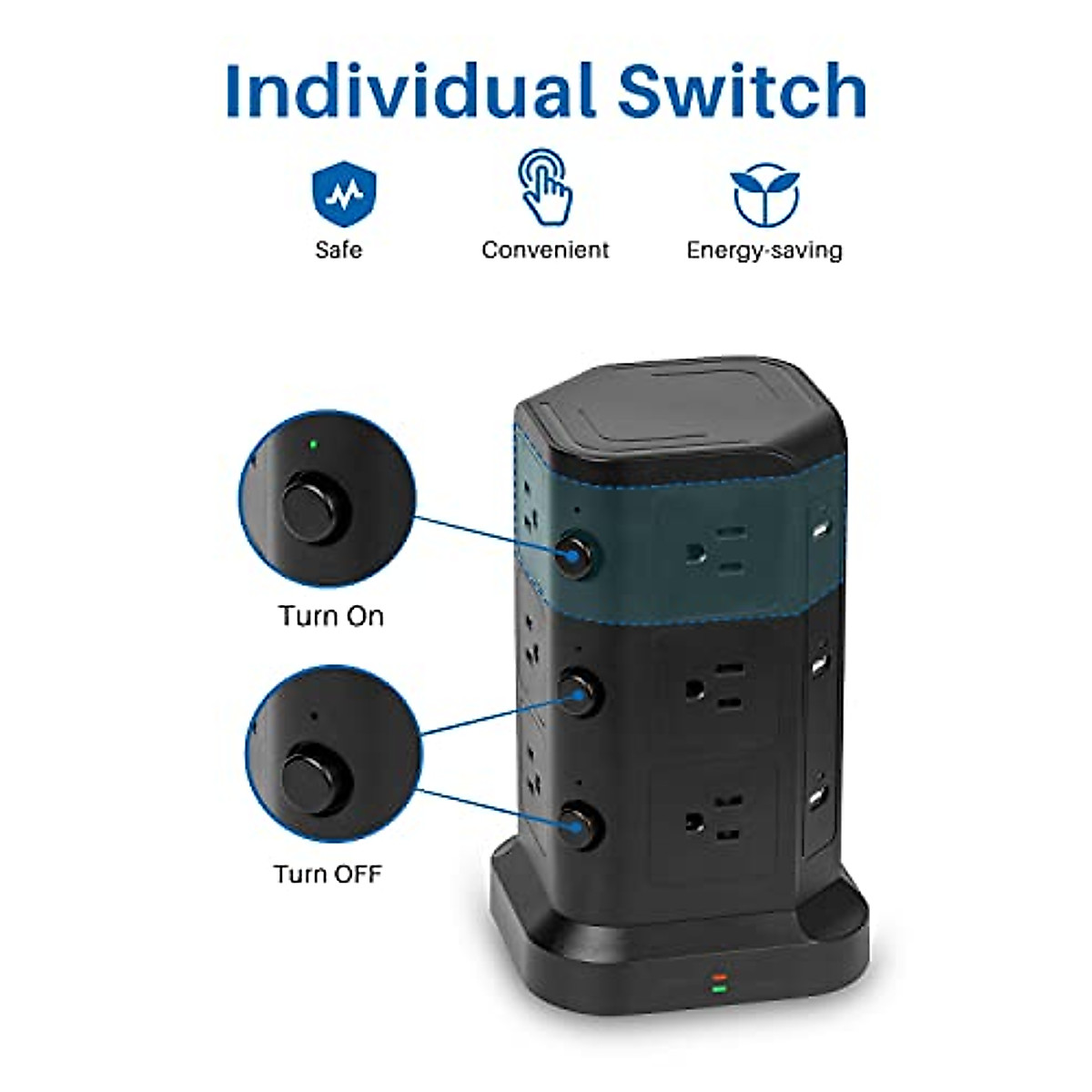 Power Strip Tower by KOOSLA, [15A 1500J] Surge Protector - 12 AC Multiple Outlets & 6 USB Ports, Flat Plug 14 AWG Heavy-Duty Extension Cord 6.5ft, Home Office Supplies, Dorm Room Essentials Black