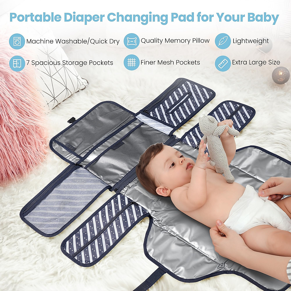 Portable Changing Pad, Waterproof Baby Changing Pad with 4 Storage Pockets, Detachable & Portable Diaper Changing Pad Newborn Baby Essentials, Travel Changing Pad for Baby Shower Gifts