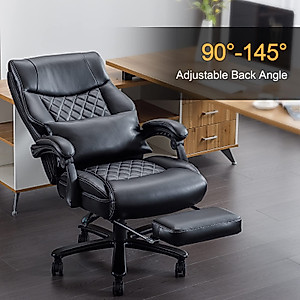 BOWTHY Reclining Office Chair with Footrest, Big and Tall Office Chair 400lbs Wide Seat, High Back Executive Office Chair for Heavy People, PU Leather Swivel Desk Chair (Black)