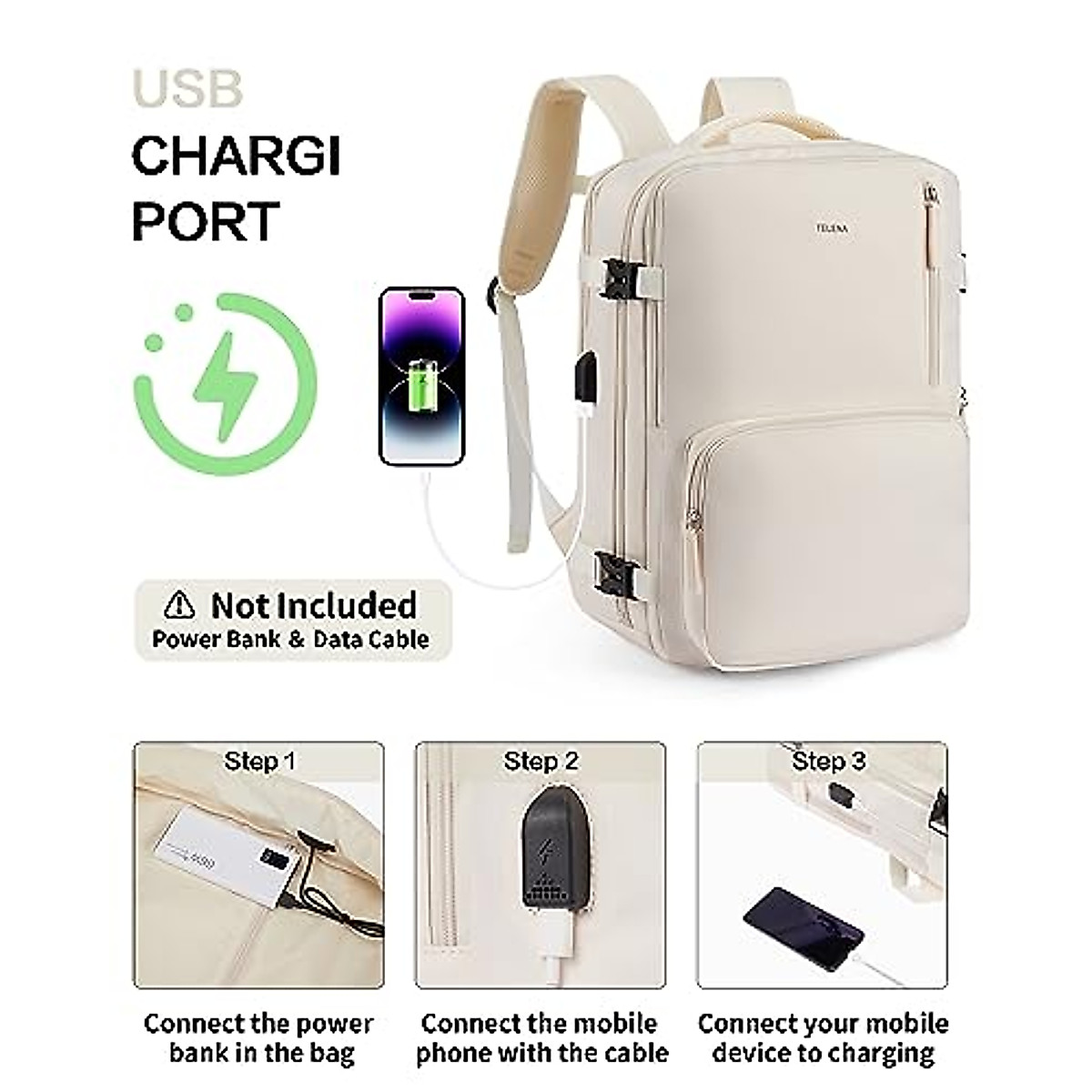 Telena Travel Backpack for Women Large Carry On Backpack Airline Approved Personal Item Backpack with USB Charging Port Waterproof Casual Bag, Beige