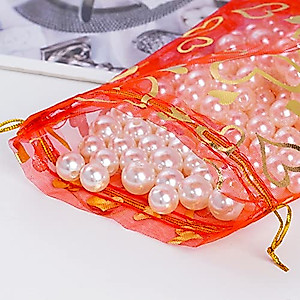 100PCS Heart Printed Organza Bags Gift Jewelry Candy Bags for Wedding Valentine's Day Mother's Day Party Christmas 5x7Inch (Red)