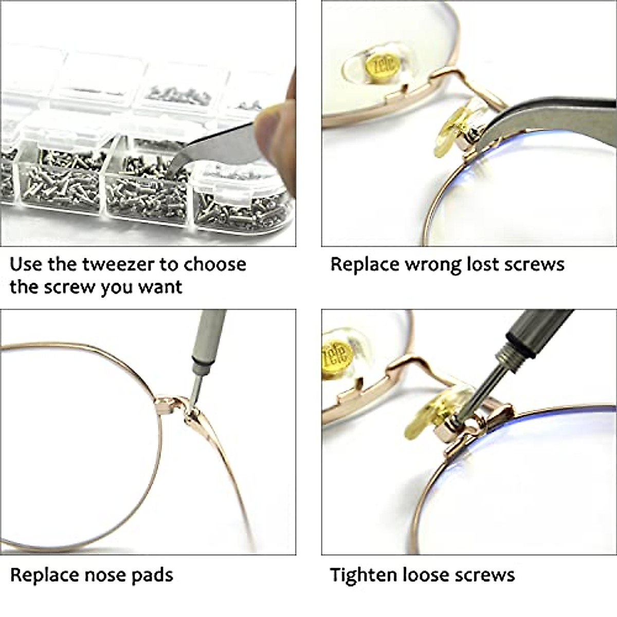 Eyeglasses Repair Kit, Qesaw 1100Pcs Tiny Eyeglass Screws Repair kit Assortment and 5 Pairs Nose Pads Set with Micro Screwdriver Tweezer for Eyeglass, Sunglass & Watch Repair