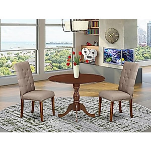 East West Furniture DMEL3-MAH-16 3 Piece Kitchen Table Set Contains a Round Dining Room Table with Dropleaf and 2 Dark Khaki Linen Fabric Upholstered Chairs, 42x42 Inch, Mahogany