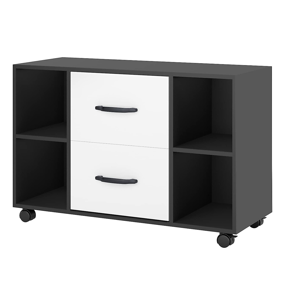 soges 2 Drawer Mobile Lateral File Cabinet, Office Filing Cabinet, Rolling Storage Cabinet, Printer Stand with Open Storage Shelves and Wheels, Black and White, CXWL-FC08BW