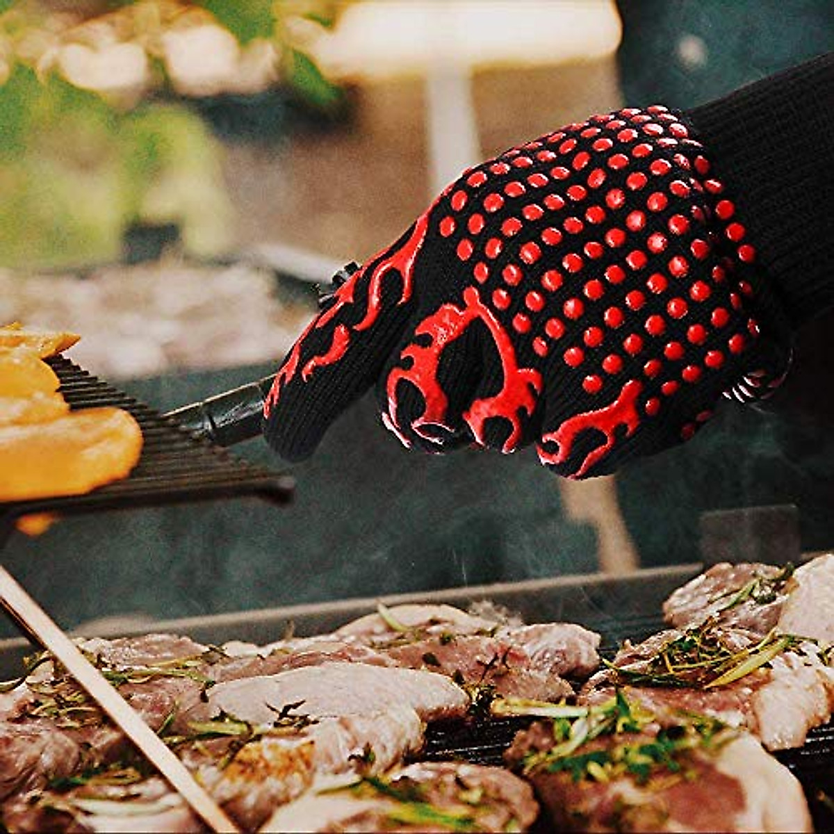 Tanmar BBQ Grill Gloves, 1472°F Extreme Heat Resistant Grilling Gloves Non-Slip Oven Mitts Potholder, Perfect for Barbecue, Cooking, Baking, Fireplace, Smoker - 1 Pair （Red）