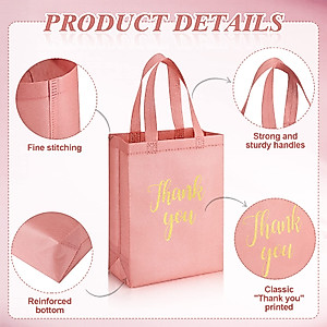 Roowest 50 Pcs Reusable Thank You Grocery Bags Shopping Bags Non Woven Shopping Merchandise Bag with Handles (Pink, Gold)