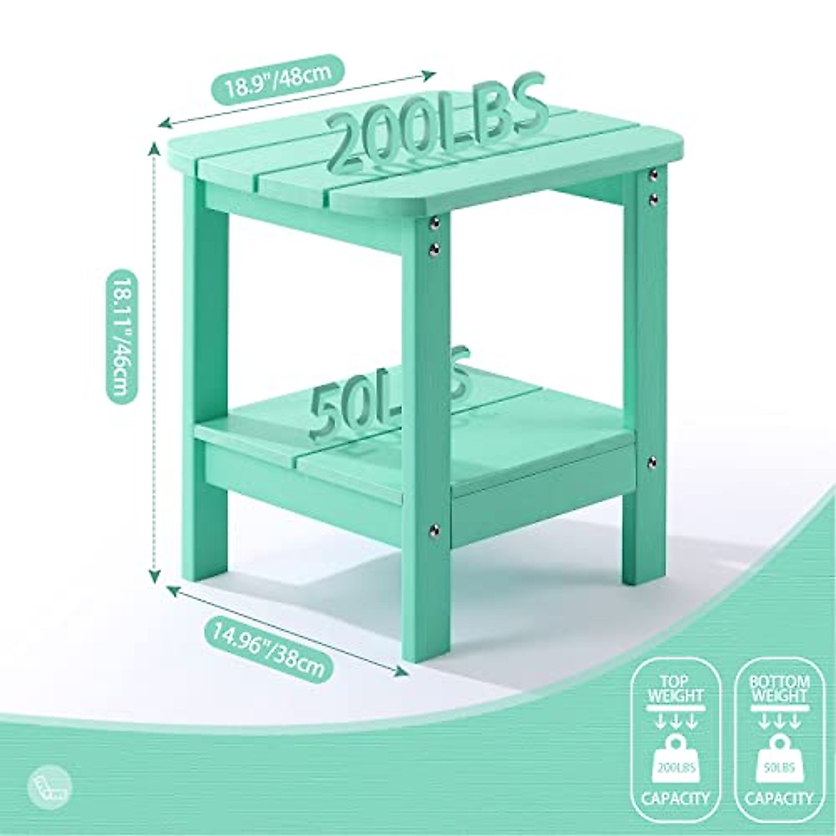 Luxspire Outdoor Side Table, Weather Resistant Adirondack Side Table, Double-Layer Small Patio Porch Balcony End Table, Rectangular Poly Plastic Tea Coffee Table for Deck Garden Furniture, Turquoise