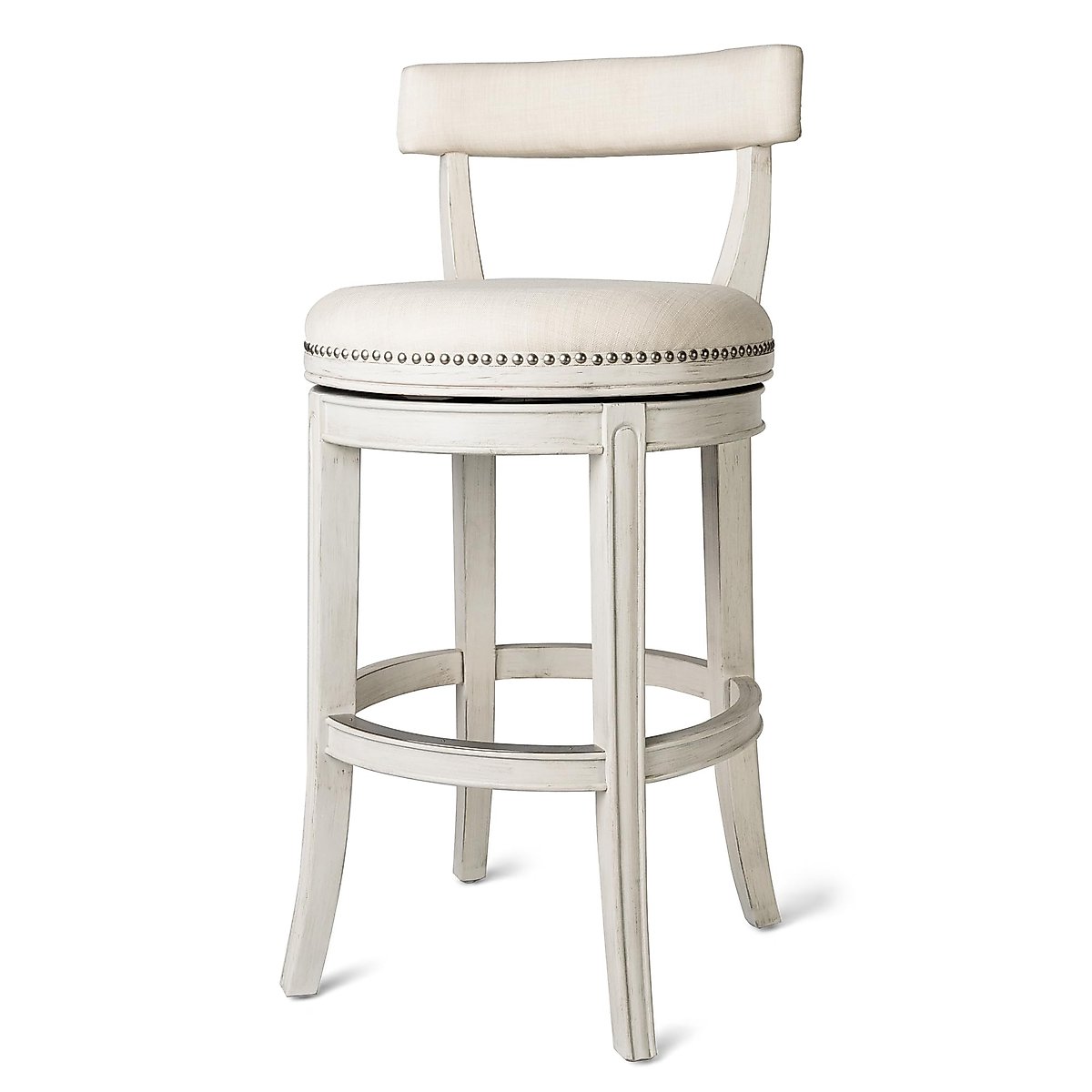 Maven Lane Alexander 31 Inch Tall Bar Height Rotating Low Back Barstool in White Oak Finish with Natural Color Fabric Upholstery Seat