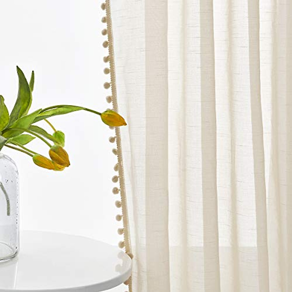 Treatmentex Pom Pom Linen Sheer Curtains for Living Room 63 inches Length Slub Textured Natural Farmhouse Window Sheers Drapes 52" w x 2 Pack, Rod Pocket