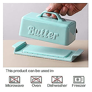 DOWAN Butter Dish with Lid and Knife, Butter Dish with Cutting Measurements and Humanized Knife Handle for East West Coast Butter, Ceramic Butter Dish with Lid for Countertop, Turquoise