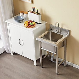 Stainless Steel Commercial Kitchen Sink Single Bowl 1 Compartment with Faucet Free Standing Utility Sink for Restaurant Kitchen Laundry Garage Indoor Outdoor (23.6"W x 23.6"D x 31.5"H)