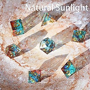 AUSPDICE DND Dice Set Handmade 7Pcs Sharp Edge Dice for Dungeons and Dragons TTRPG Games(Mix Blue&Brown Color)