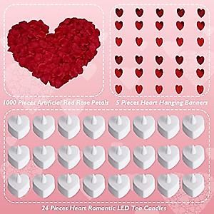 Homemory 24pcs LED Tea Lights Candles Battery Operated Romantic Heart Candles with 1000pcs Fake Red Rose Petals & 5pcs Heart Garland Banner for Valentine's Day Wedding Proposal Decorations Anniversary