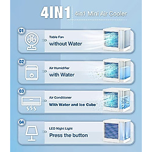 WAPEMORK Mini Portable Air Conditioners - Personal Air Conditioner with LED Night Light, USB Powered Desktop Evaporative Air Cooler with 800ML Water Tank for Car, Camping, Office and Room
