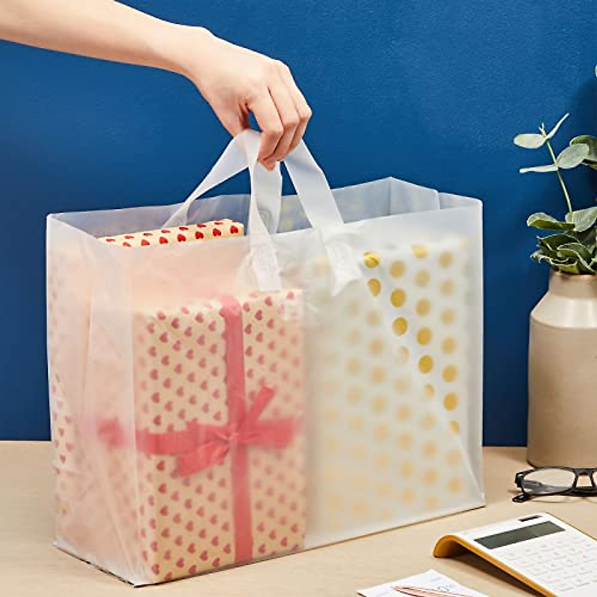 Stockroom Plus Frosted White Plastic Bags with Handles, Boutique Shopping Bags (16x12 In, 60 Pack)