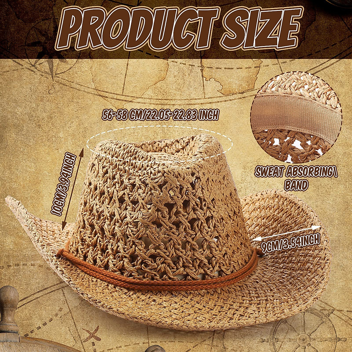 4 Pcs Cowgirl Hat Shapeable Wide Brim Classic Sun Woven Straw Hat Party Western Cowboy Hat for Adult Men Women Summer, Khaki