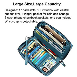 Lavemi Women's RFID Blocking 100% Leather Large Capacity Zip Around Wallet Phone Holder Clutch Travel Purse Wristlet(Large Size Light Green)