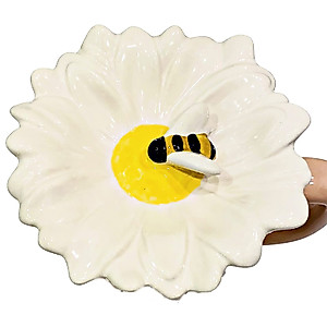 Rae Dunn Magenta Finely Glazed Ceramic Coffee Mug in Salmon with Daisy Flower Lid | Inscribed: QUEEN BEE Daisy with Bumble Bee on Lid