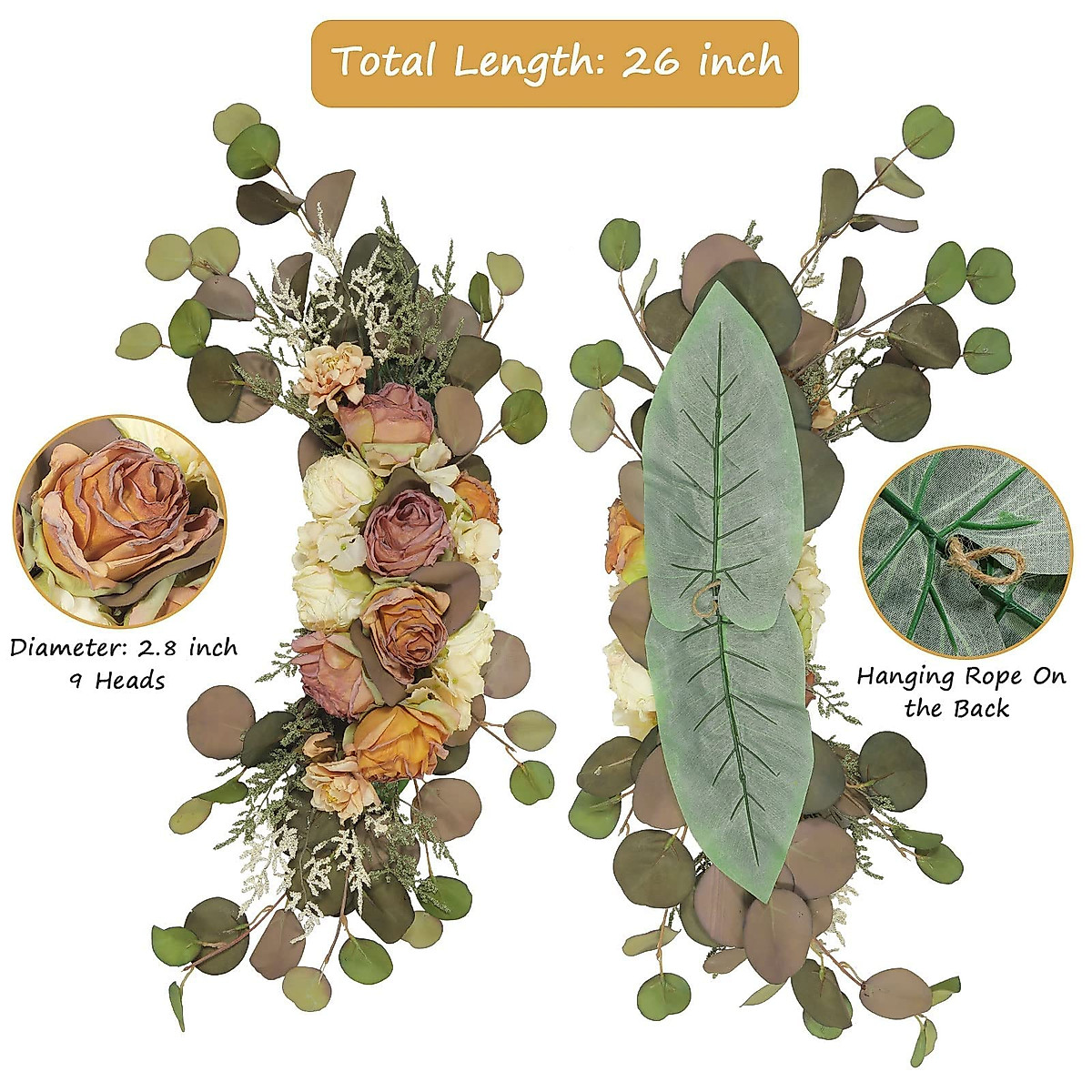 HiiARug Fall Decor Swag, 26 Inch Decorative Swag Burnt Rose Eucalyptus Leaves Fall Decorations for Home Garden Fall Theme Wedding Decor (Orange, 26")