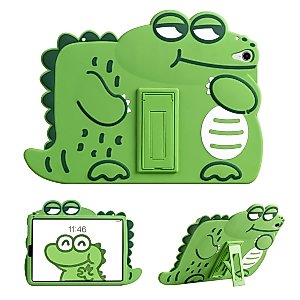Laetass Cartoon Silicone Child Protective Cover for 2021 iPad Mini 8.3" 6th Gen A2567 A2568 A2569 with Adjustable Stand Cover, Cute Cartoon Little Dinosaur Design Shockproof Silicone Case (Green)