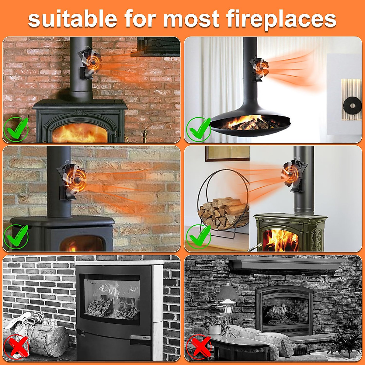 VODA Stove Fan 5 Blades for Wood Stove/Fireplace/Flue Pipe - Magnetic Installation, No Power Required - High Efficiency, Low Noise, Durable - Include 1 Spare Ring