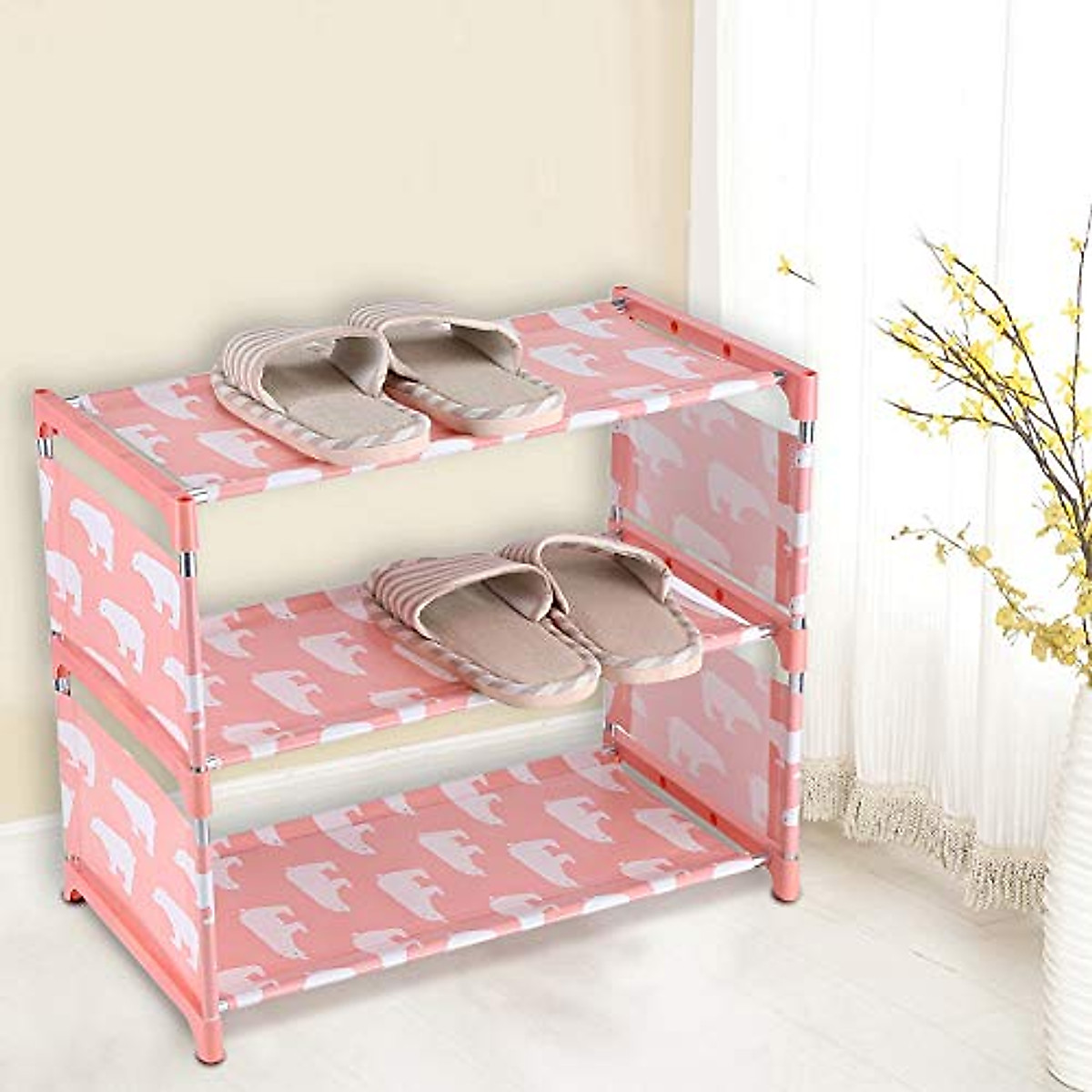 DIY Shoes Storage Shelf Shoe Rack 3 Tiers Non-woven Anti-Dust Storage Organizer Standing Shoe Rack for Shoe(Pink polar bear)