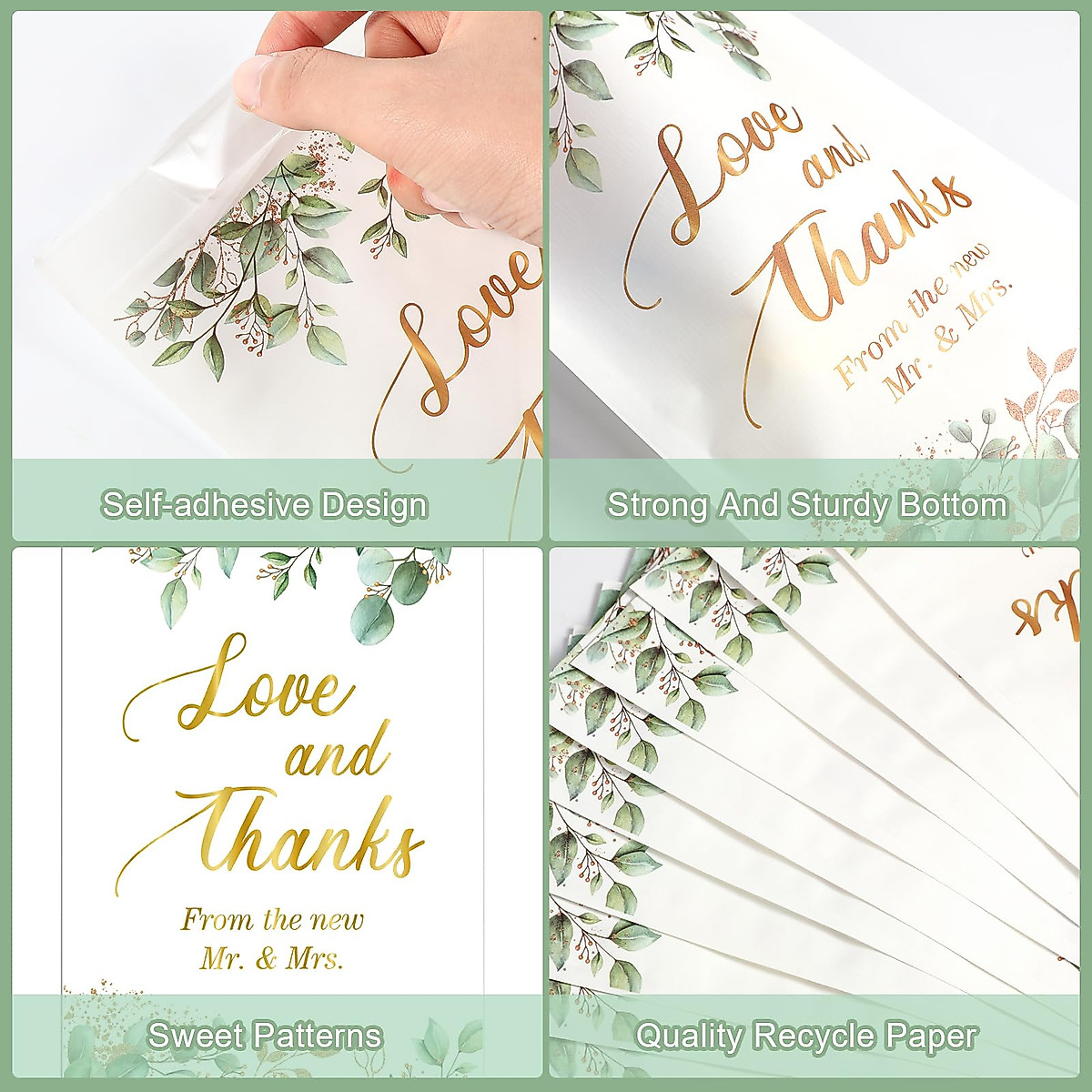 Geiserailie 100 Pcs Wedding Favor Bags Love and Thanks Bags Wedding Favors Candy Buffet Bags Self Adhesive Wedding Gift Bags Paper Wedding Treat Bags Party Favor Goodie Bags, 5 x 8 inch