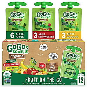 GoGo squeeZ Organic Fruit on the Go Variety Pack, Apple/Banana/Strawberry, 3.2 oz. (12 Pouches) - Made from Organic Apples, Bananas & Strawberries - Gluten Free Snacks - Nut & Dairy Free - Vegan Snack