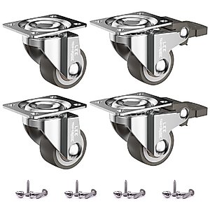 1" Low Profile Casters Wheels for furniture small casters Soft Rubber Caster Swivel with Locking Top Plate Castors 110 Lbs Load Capacity Casters set of 4 Rolling Smooth (2 with Brake and 2 without)