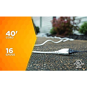 Yard Master 992382 White Patio 40-Foot; 3-Pronged; 16 Gauge Extension Cord; 13 AMPS; 125 Volts; 1625 Watts; Ideal for Use with Outdoor Appliances; Decorative Lights and Holiday Displays