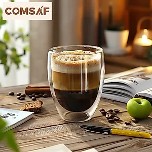 ComSaf Glass Coffee Mugs Set of 6, Double Wall Insulated Thermal Cups 12oz, Clear Glass Coffee Cup for Tea/Juice/Milk, Latte Cappucino Espresso mug Glassware Gift for Christmas Birthday