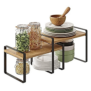 HILINSIE Cabinet Organizer Shelf- Set of 2 Kitchen Counter Shelves, Expandable Spice Racks, Stackable Counter Top Shelf, Engineered Wood and Metal, 7.7 x 11.6 x 14 Inches, Natural and Black