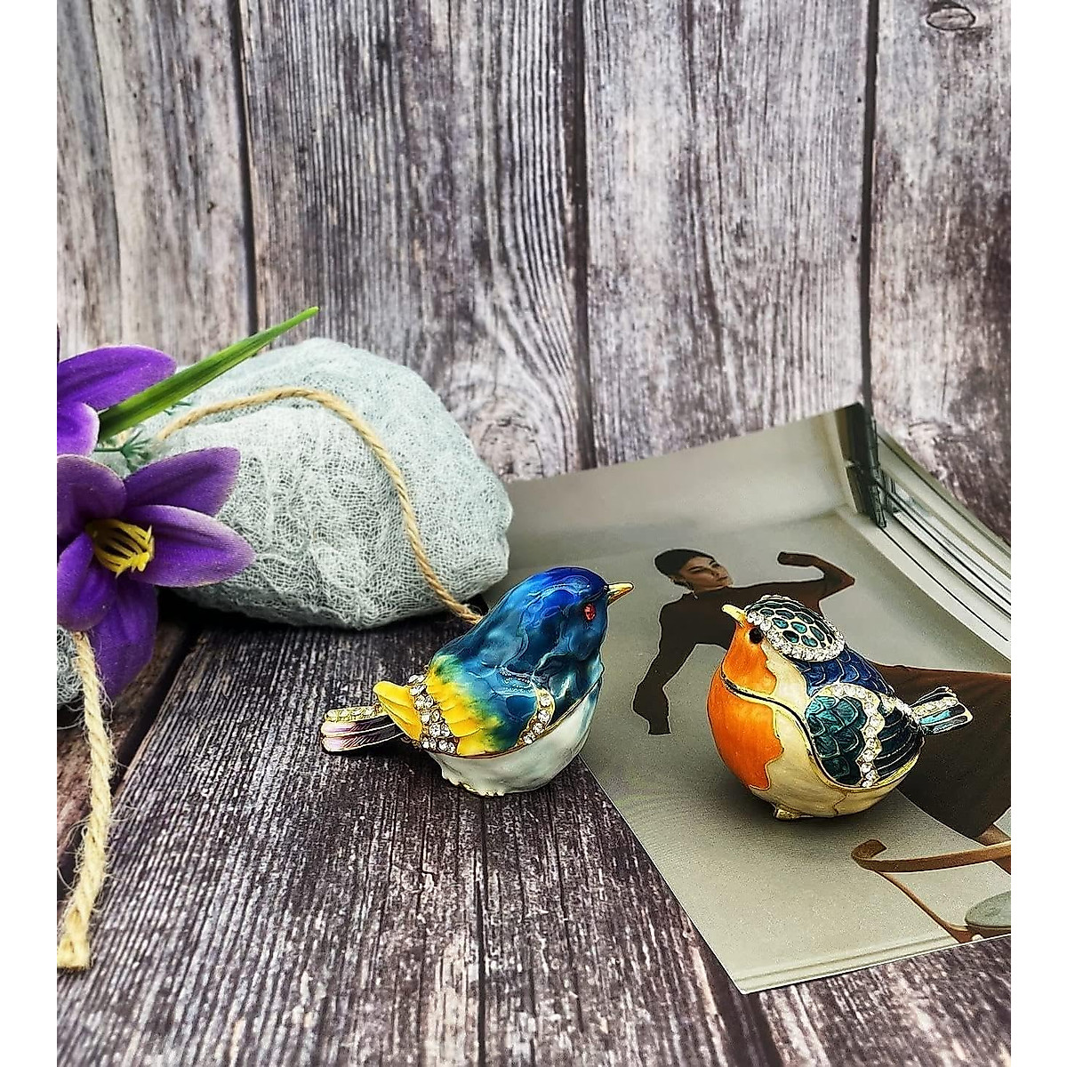JWT Astyle Robin Bird Hinged Jewelry Box with Stones , Collectible Animal Trinket Box.Rings Earrings Storage Boxes,Bird Figurine Home Decor Gift.
