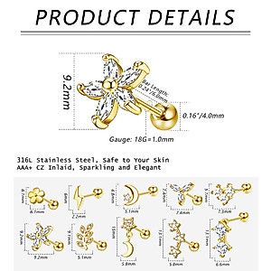 Magitaco 10Pcs 18G Cartilage Earrings Stainless Steel Moon Star Flower Tragus Earrings Conch Helix Piercing Jewelry for Women
