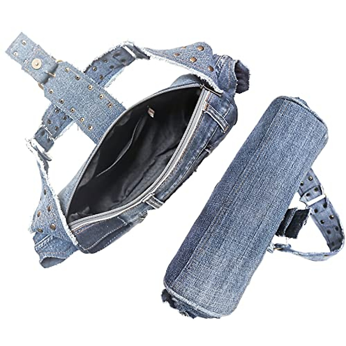 Bijoux De Ja Upcycling Blue Denim Jeans Punk Brass Rivet Studded Buckle Belt Decorative Barrel Shoulder Handle Handbag Purse