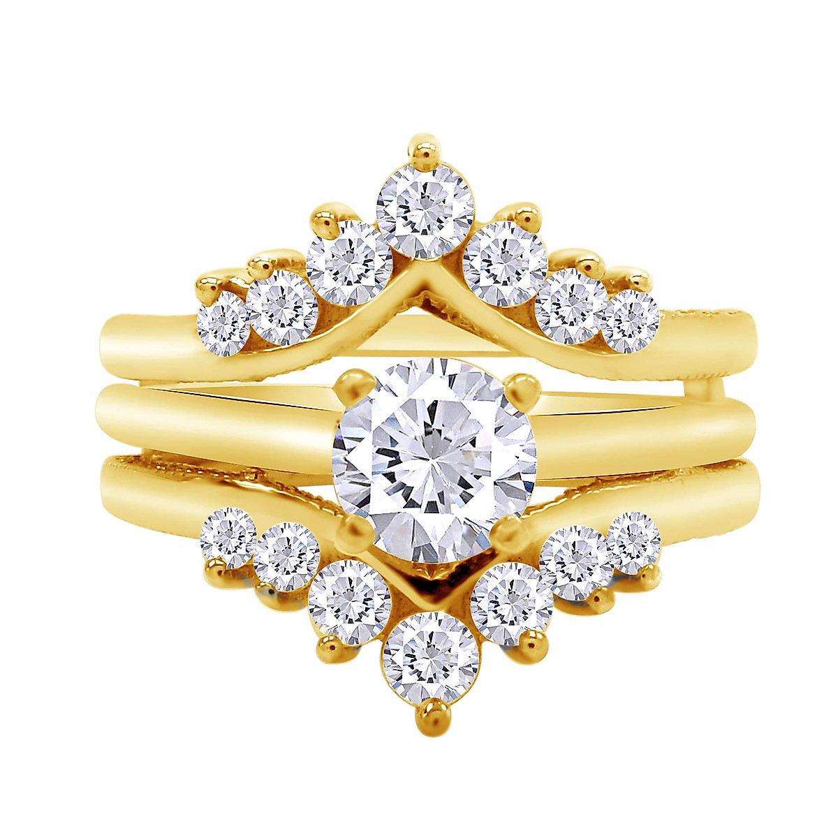 AFFY 1.48 Carat Round White Cubic Zirconia Chevron Enhancer Guard Ring 14K Yellow Gold Over Sterling Silver Ring Size-5