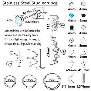 YADOCA 19Pairs Surgical Steel Stud Earrings Set for Women Men Small CZ Heart Star Moon Flat Back Earrings Hypoallergenic 20G Tiny Cartilage Earrings Stud Hoops Helix Tragus Daith Earrings Piercing