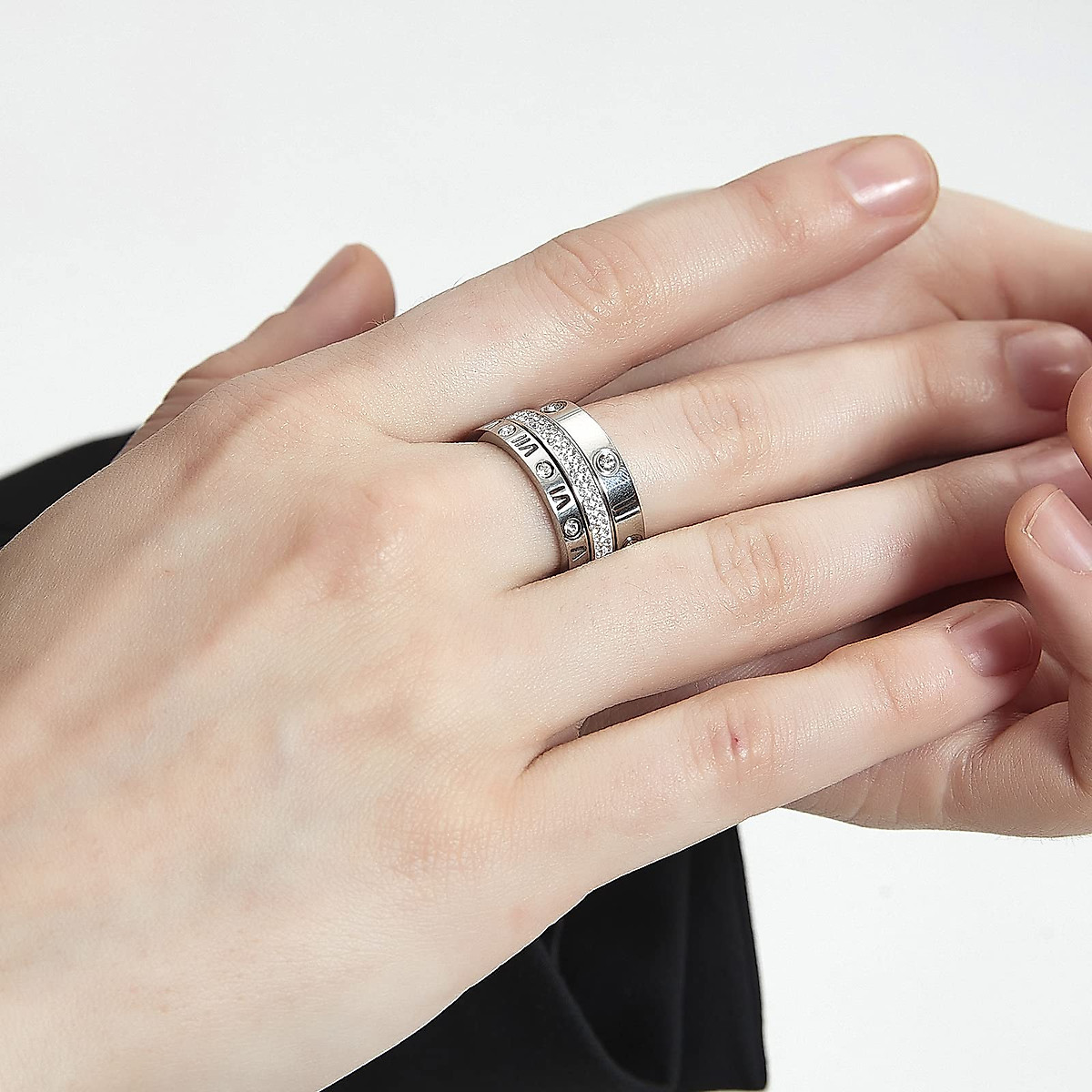 YIKOXI 3pcs Love Friendship Lucky Ring Cubic Zirconia Gold Ring Sets for Women Stainless Steel Wedding Statement Thumb Ring Bands (Silver, 8)