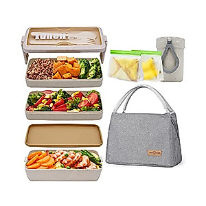 JBGOYON Bento Boxes for Adults, 1000ML Bento Lunch Box For Kids Children - Wheat Straw, Leakproof Stackable 3-In-1 Compartment Bento Box Set, Built-in Cutlery, Insulated Lunch Bag